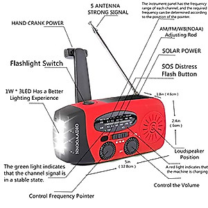 2000mAh SOS Alarm Emergency Weather Radio, 3LED Type-C Hand Crank Solar Battery Operated Wind Up Radio Flashlight, NOAA AM FM Portable Radio Cell Phone Charger Survival Kit (Red)