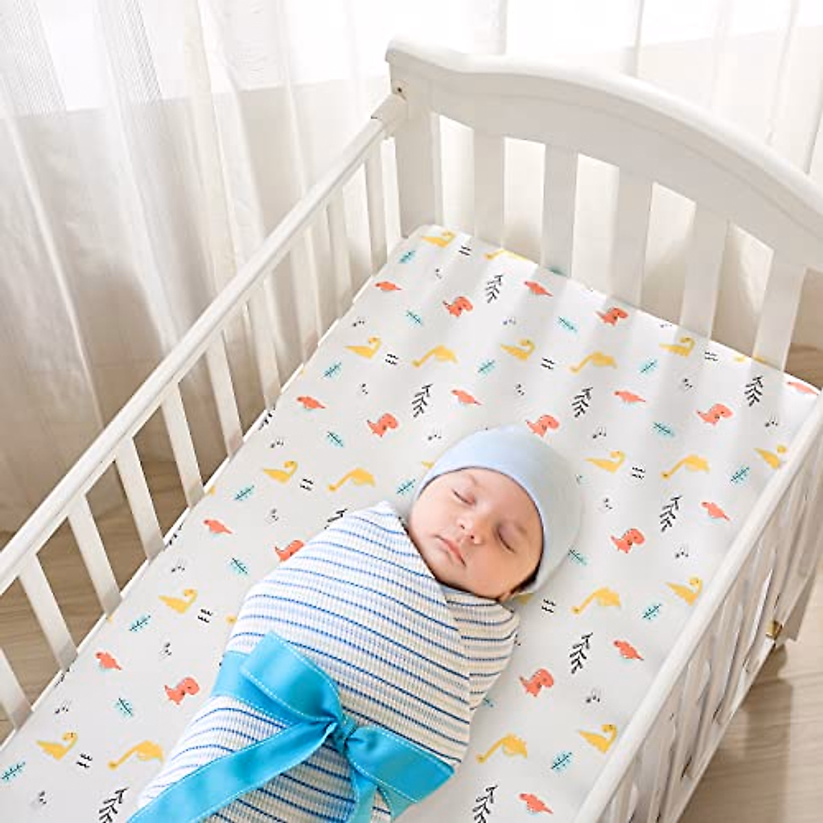 POSENPRO 2 Pack Cotton Pack N Play Sheets, Mini Portable Crib Sheets Set Fitted for Pack N Play Mattress Pad and Mini Cribs - Dinosaurs, Rainbows, Clouds & Monsters