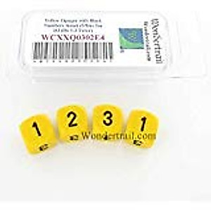 Wondertrail Yellow Opaque Dice with Black Numbers D3 (D6 1-3 Twice) 16mm (5/8in) Pack of 4