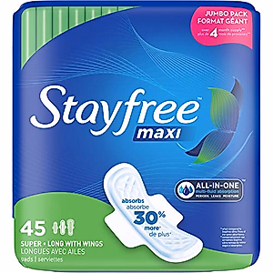 Stayfree Maxi Super Long Pads with Wings For Women, Reliable Protection and Absorbency of Feminine Periods, 45 count