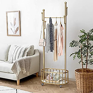 BOOSDEN Clothing Rack, Metal Clothes Hanger Rack with Wheels and Hooks, Portable Rolling Garment Rack for Hanging Clothes, Golden Yellow