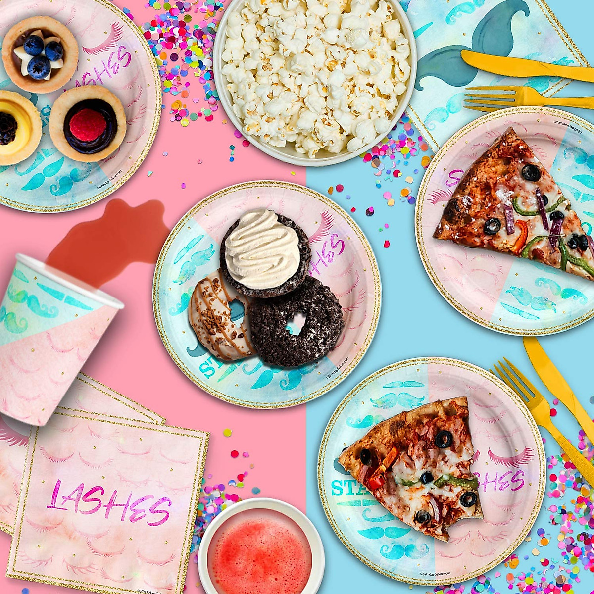 Lashes or Staches? Gender Reveal Party Supplies Set Plates Napkins Cups Tableware Kit for 16