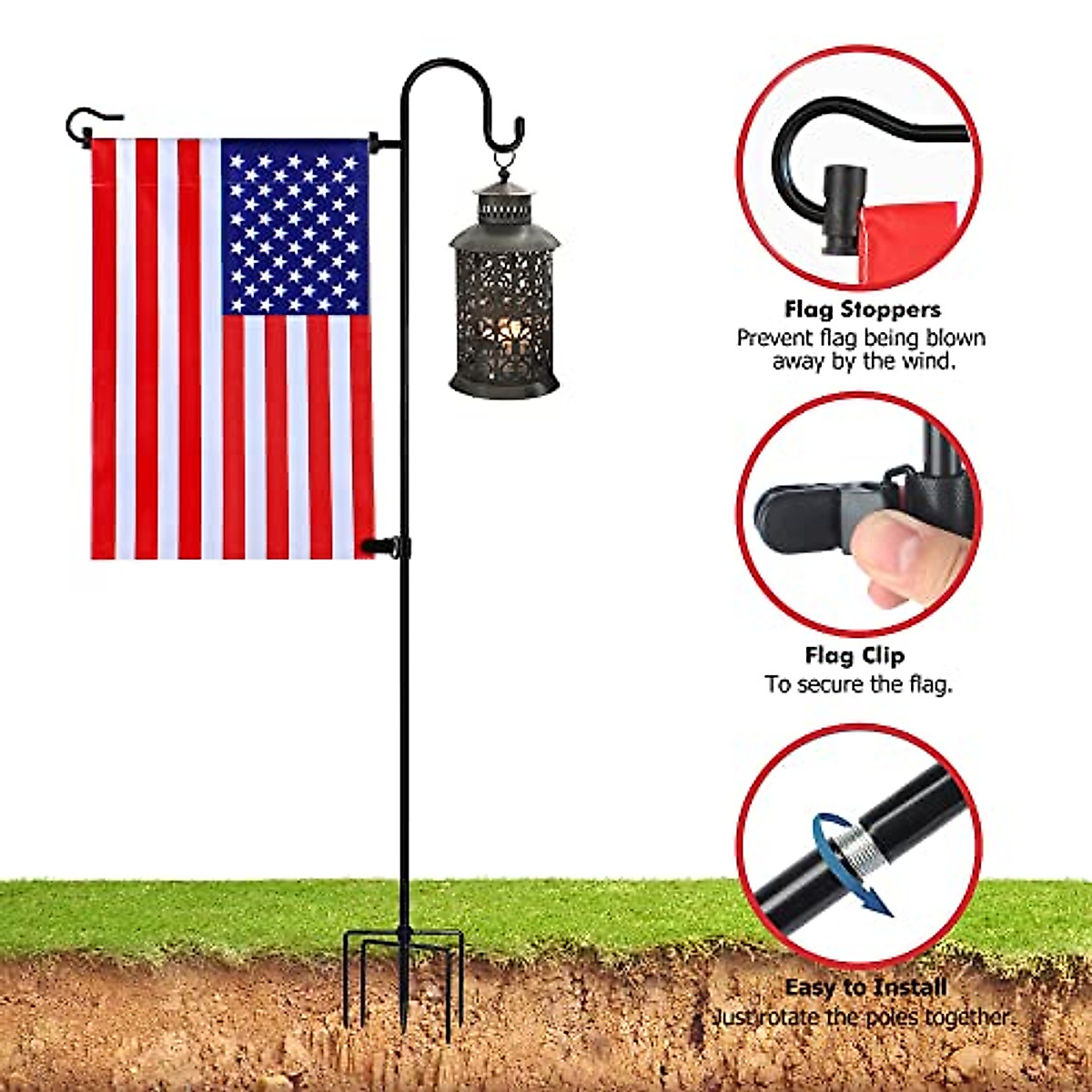 SPIPHY Garden Flag Holder Stand with Shepherd Hook, 48" Weather-Proof Garden Flag Pole with Spring Stoppers and Flag Clip Garden Flag Stand with American Flag(Without Light)