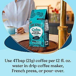 Four Sigmatic Calm Organic Decaf Ground Coffee | Swiss Water Decaf Coffee Ground | Decaffeinated Coffee with Chaga & Reishi Mushroom Extracts | Decaf Coffee for Stress Relief | 12oz Bag