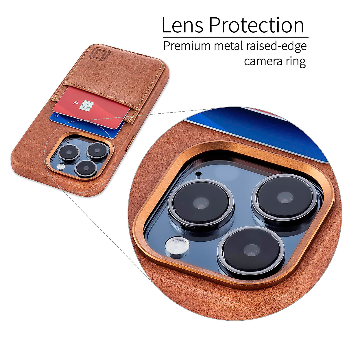 Dockem Genuine Leather Card Case for iPhone 15 Pro with Built-in Metal Plate for Magnetic Mounting, Stitched-on Wallet with 2 Credit Card Pockets (Light Brown, M2GL)