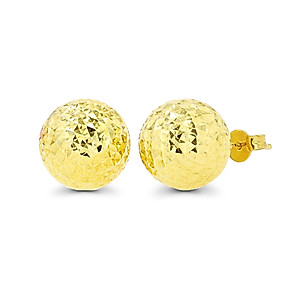 Solid 14K Yellow Gold Diamond Cut Ball Stud Earrings With 14K Gold Backs, 12mm
