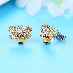 Tiny Bumblebee Stud Earrings for Women Sparkling Cubic Zirconia Crystal Cute Honeybee Cartilage Earring Statement Studs Piercing Hypoallergenic Christmas Jewelry
