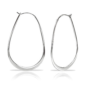 Hoops & Loops 925 Sterling Silver Oval Flat Thin Large 44mm (1.73 in) High Polished Lightweight Click-Top Hoop Earrings for Women and Teen Girls
