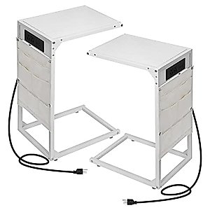 Set of 2 C Shaped End Table with Charging Station, Snack Side Table, C Tables for Couch, Couch Tables That Slide Under, for Living Room, Bedroom, White
