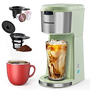 Famiworths Iced Coffee Maker, Hot and Cold Coffee Maker Single Serve for K Cup and Ground, with Descaling Reminder and Self Cleaning, Iced Coffee Machine for Home, Office and RV, Green
