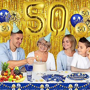 105Pcs Blue Gold 50th Birthday Decorations for Men Includes Navy Blue Happy 50th Birthday Banner 50th Birthday Balloons Gold Foil Fringe Curtains Tableware Set for 50th Birthday Party Supplies