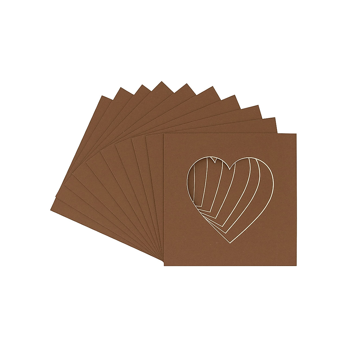 CountryArtHouse Aged Oak Brown Acid Free 8x8 Heart Picture Frame Mat with White Core Bevel Cut for 4x4 Pictures - Fits 8x8 Frame - Pack of 10 Matboard Show Kits with Acid Free Backings & Clear Bags