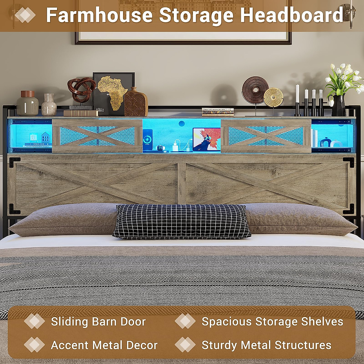 Hasuit Farmhouse Bed Frame King Size with LED Lights and Charging Station, Rustic Platform King Bed with Storage Headboard with Sliding Barn Door, No Box Spring Needed, Rustic Oak