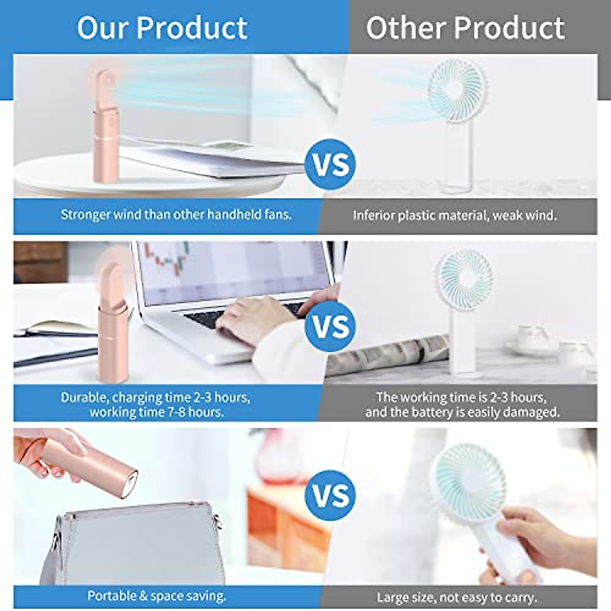 ievei Portable Handheld Fan, Powerful Personal Mini Fan Hand Fan 2 Speed Adjustable USB Rechargeable for Home Office Outdoor Travel, Pink