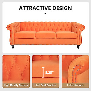 affeivul Tufted Velvet Sofas para Sala, Comfy Big Wide Deep Living Room Couch with Armrest, Mid Century Modern Sofa Couch for Bedroom,Office (Orange Velvet Couch, 3 Seater)