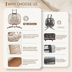 NICESOUL® Indoor Outdoor 2 Person Egg Chair Double Swing Chair with Stand Large Cream Wicker Patio Twins Basket Hanging Egg Chair with Cover 510lbs Capacity for Bedroom Balcony Oversized