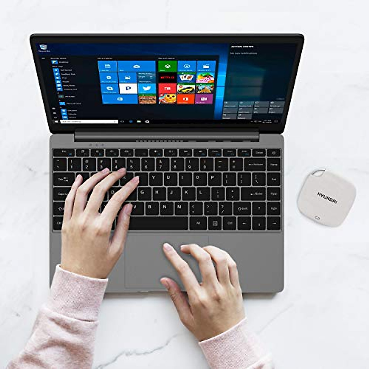 Hyundai 512GB Ultra Portable Data Storage Fast External SSD Pearl White, PC/MAC/Mobile- USB-C/USB-A, Dual Cable Included HTESD500PW