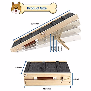 TNELTUEB Adjustable Dog Ramp, Wooden Folding Portable Pet Ramp,Rated for 30 LBS, 32.6" Long and Adjustable from 10" to 19" with Non-Slip Traction Mat, Dog Step for Bed, Couch,Car (Grey)