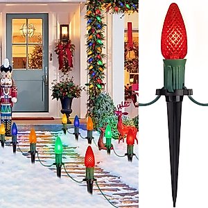 C9 Christmas Pathway Lights Outdoor, 25.7 Feet 20 LED C9 Strawberry Walkway Lights with Marker Stakes, Connectable Shatterproof C9 String Lights for Lane Outside Yard Decorations, Multicolored