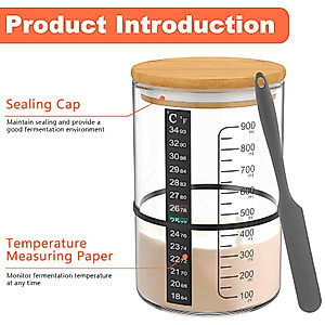 Txkrhwa Sourdough Starter kit, 900ml Glass Sourdough Starter Jar Wide Mouth Sourdough Fermentation Jar with Wooden Lid, Temperature Paper, Spatula Rubber String, Sourdough Bread Baking Supplies