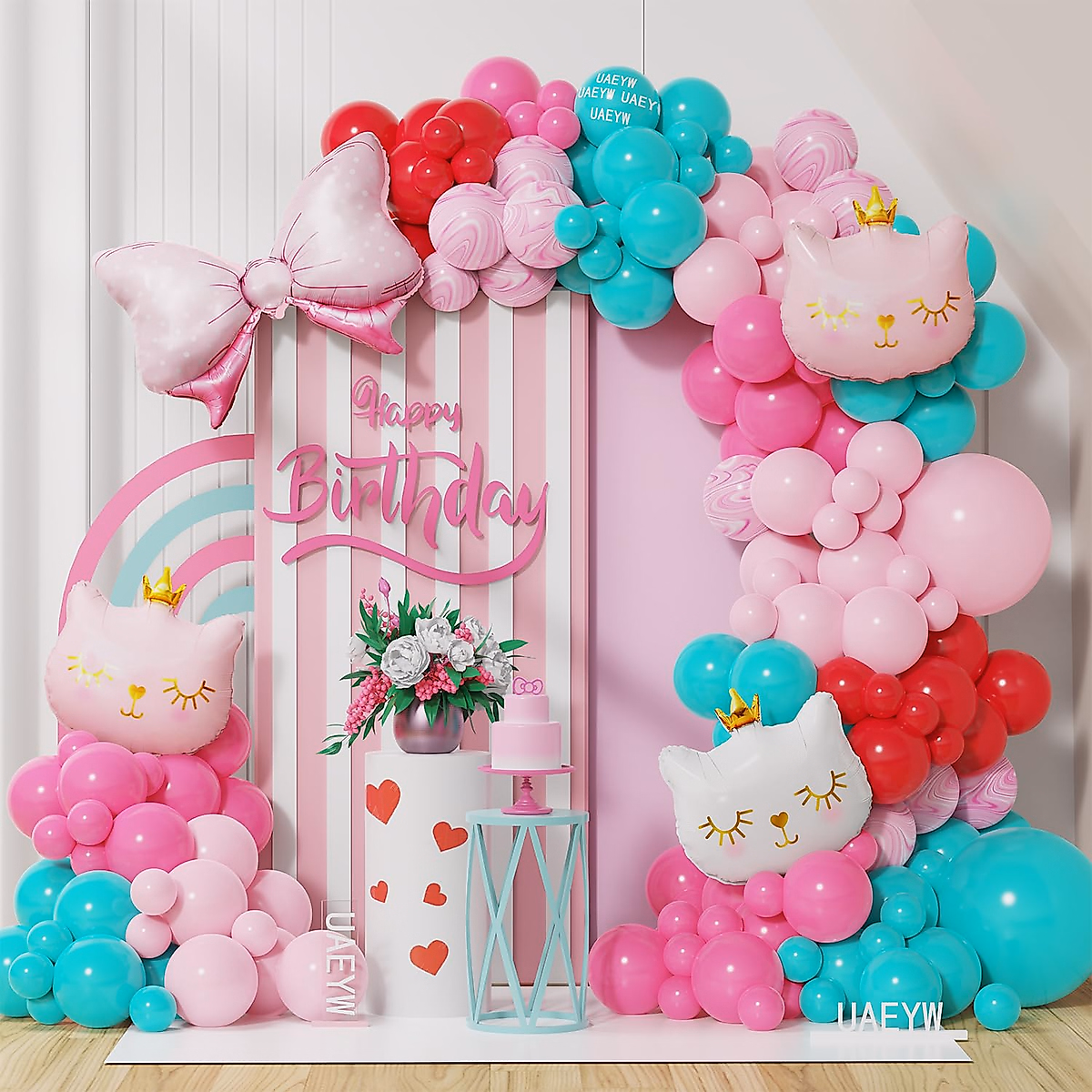 148Pcs Cartoon Cat Balloon Arch Garland Kit Hot Pink Rose Red Turquoise Teal Blue Balloons with Cat Bownot Foil Balloons for Girls Kids Birthday Baby Shower Wedding Gender Reveal Decorations