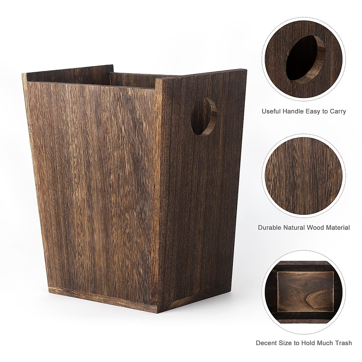 ETELI Wood Trash Can Wastebasket Small Rectangular Farmhouse Rustic Garbage Bin with Handles for Bedroom, Bathroom, Kitchen, Office, Brown