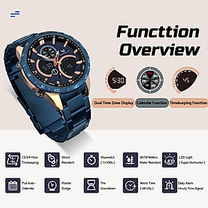 VERULEAN Mens Watches Military Watch for Men Japanese Movement Multifunctional LED Alarm Stopwatch Stainless Steel Waterproof Sport Watch 2 Time Zone Analog Digital Watch (QCS101-Blue & Gold -Black)