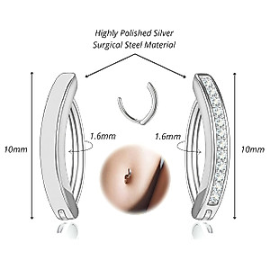 2 Piece Belly Button Ring for Women Surgical Steel Cubic Zirconia Navel Clicker Body Piercing Jewelry for Girls (Silver)