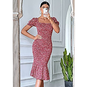 PRETTYGARDEN Women's Summer Floral Midi Bodycon Dresses Short Puff Sleeve Square Neck Ruffle Hem Mermaid Cocktail Dress (Red,Large)