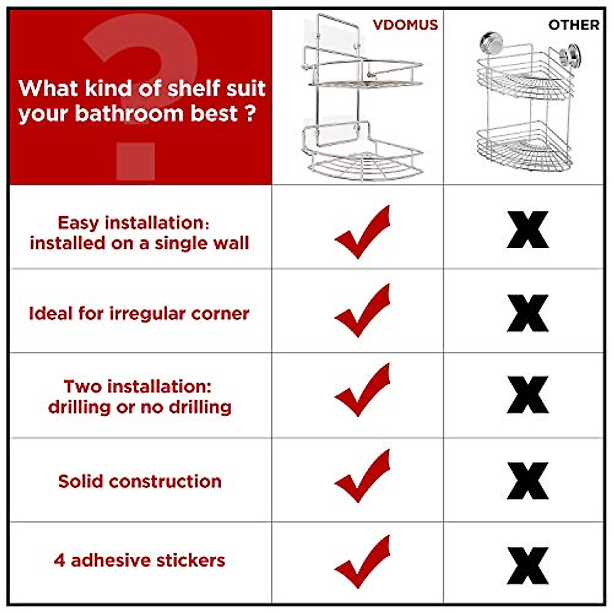 Vdomus Strong Shower Caddy 2 Tier Bathroom Corner Shelf Organizer Polished Chrome - No Drilling Needed Shower Shelves Wall Mounted for Bathroom shower Accessories Shower Stand