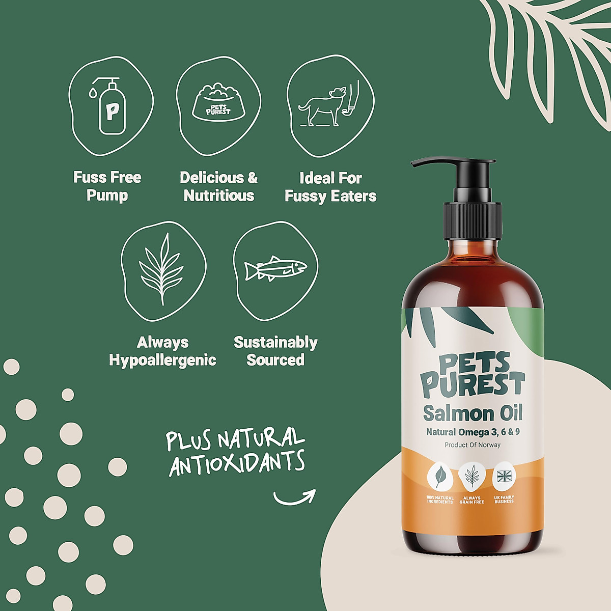Pets Purest Salmon Oil for Dogs, Cats, Horses, Ferrets & Pets - 32 Fl Oz 100% Pure Premium Food Grade - Natural Omega 3, 6 & 9 Supplement - Promotes Coat, Skin, Joint and Brain Health