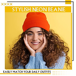 JenPen Neon Beanie Hat Slouchy Beanie Cap Unisex Knitted Winter Hat Ski Plain Beanie Cap for Men and Women (4 Pieces), Green, Yellow, Orange and Pink, One Size