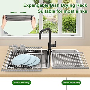 Liangmall Dish Drying Rack Expandable Up to 23.6", Roll Up Over The Sink Dish Drying Rack, Extra Large Stainless Steel Multipurpose Kitchen Sink Drainer - 23.6"(L) x 15.7"(W)