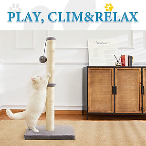MeowHomm 32'' Tall Cat Scratching Post Cat Scratcher with Hanging Ball, Durable Cat Scratching Post for Indoor with Sisal Rope (Gray)