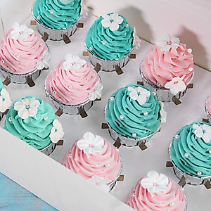 ONE MORE 15-Pack White Cupcake Boxes 12 Holders Cake Carrier Food Grade Pop-up Bakery Boxes 13.8 x 9.5 x 4inch with Inserts and PVC Windows Fits 12 Cavity Cupcake Pack of 15