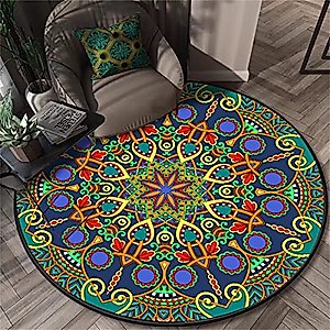 Green Mandala Floral Round Area Rug for Under Kitchen Dinning Room Tables Washable Boho Ethnic Circle Carpets,4ft Diameter