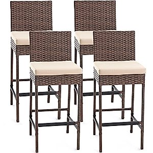 ECOTOUGE Wicker Bar Height Chairs Set of 4, Patio Rattan Bar Stools Counter Height with Cushion, Outdoor Bar Chairs Armless for Backyard, Poolside, Deck (Brown)