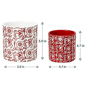 POTEY Red Planters Pots for Plants Indoor - 5.9 +4.7 Inch Modern Ceramic Cylinder Flower Pots with Drainage Holes for Christmas Home Decor 051801, Set of 2, Plants Not Included