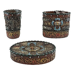 Ebros Gift Rustic Western Old World Country Blue Cross with Concho and Nailheads in Faux Distressed Wood Finish with Floral Patterns (Tumbler Cup, Soap Dish and Toothbrush Holder Set of 3)