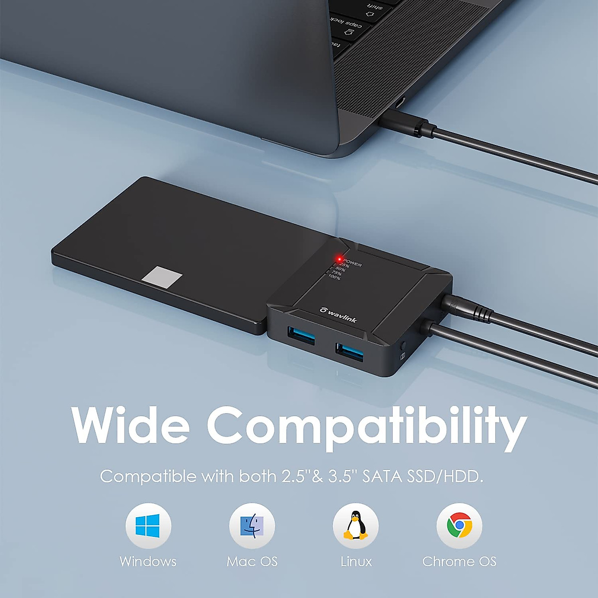 WAVLINK SATA III to USB Adapter Cable, USB C to Dual Bay SATA 3 Converter for 2.5"/3.5'' External Hard Drive HDD/SSD Connector with 2X USB Ports and 12V Power Adapter, Max 2x18 TB