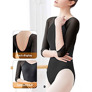 Cuulrite Black Ballet Dance Leotards for Women, Yoga Gymnastic Leotard Stretch Mesh Splice 34 Sleeve,Small