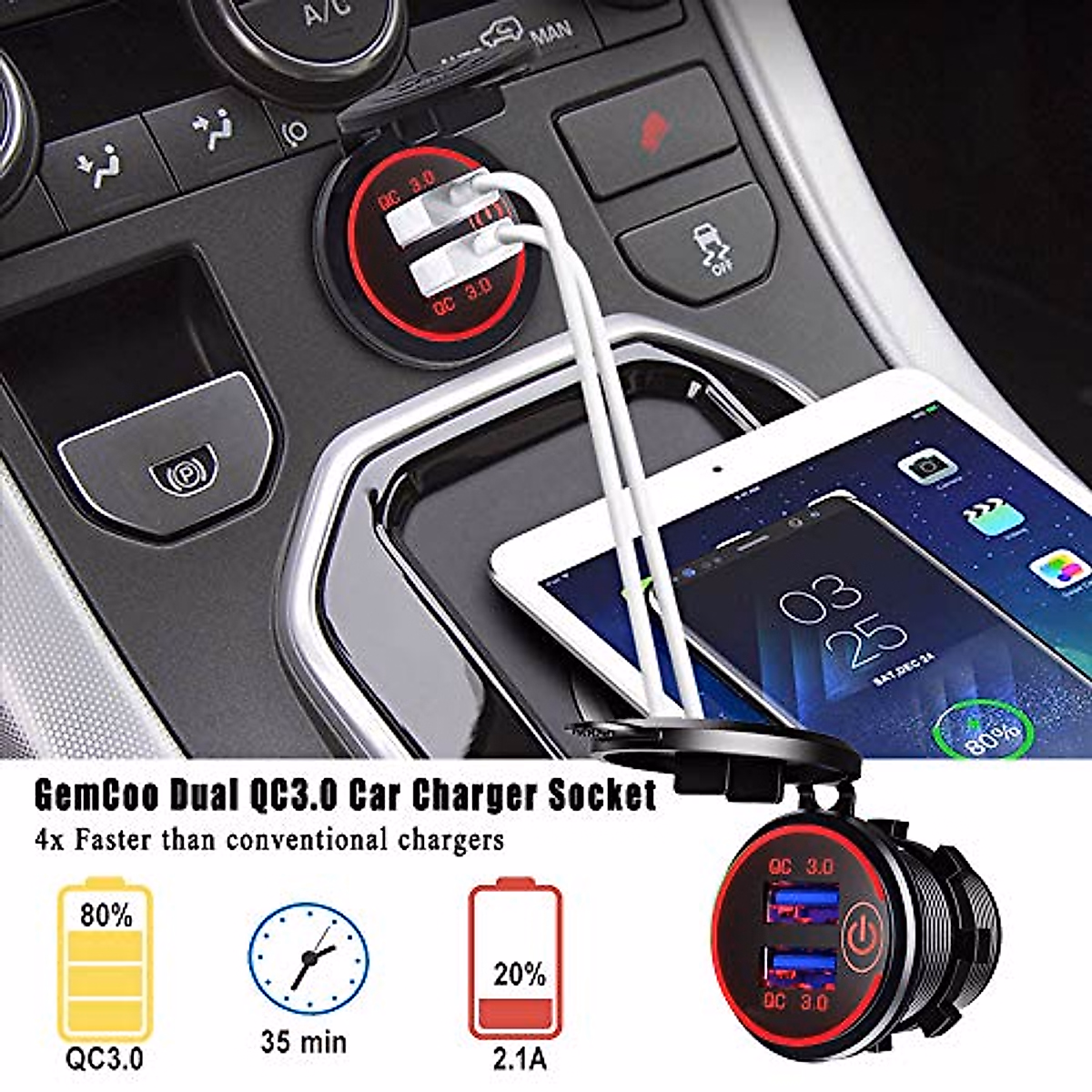 Quick Charge 3.0 Dual USB Car Charger Socket with Touch Switch 12V/24V 36W QC3.0 Dual USB Fast Charger Socket Power Outlet for Marine, Boat, Motorcycle, Truck, Golf Cart(Red)