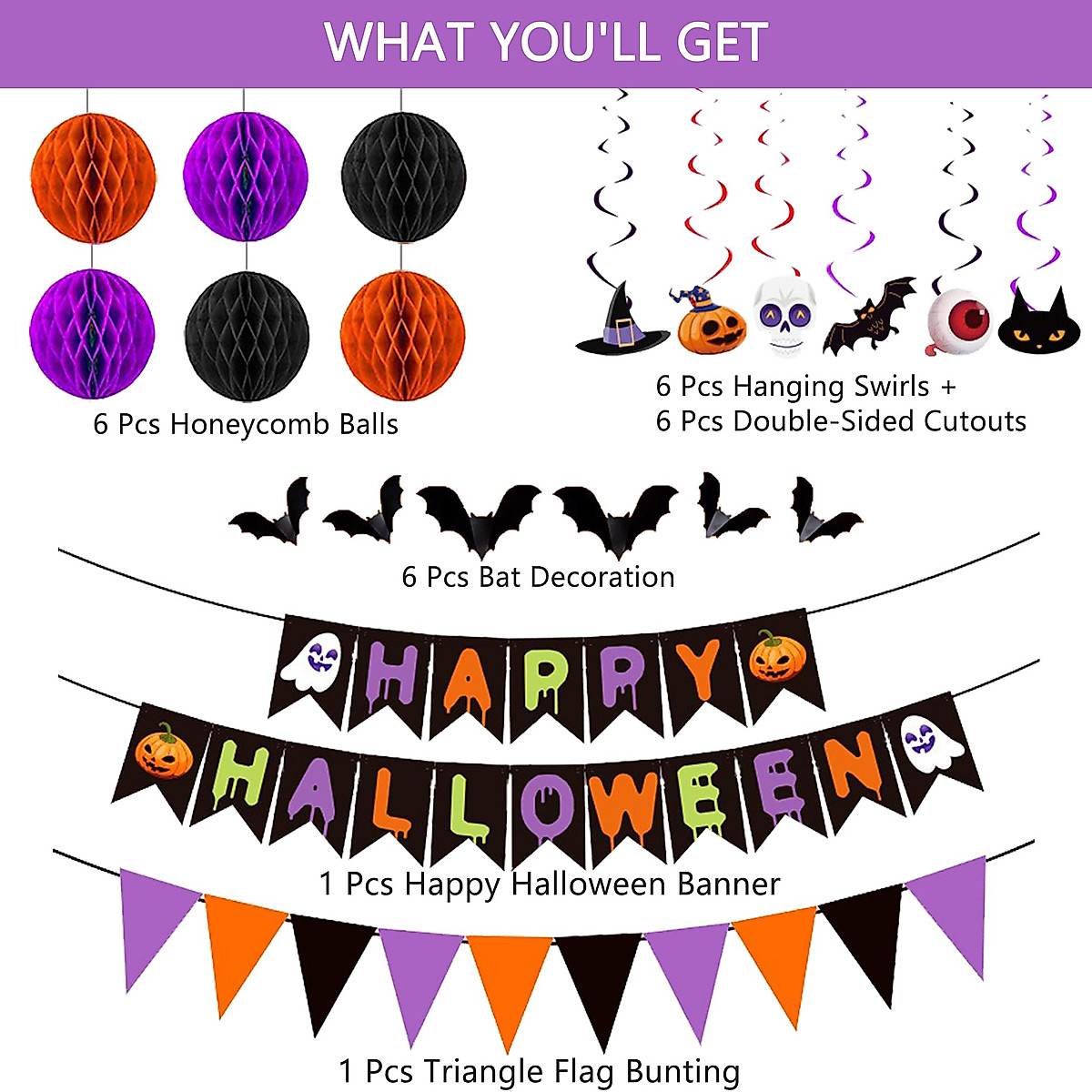 Happy Halloween Banner 26pcs Halloween Party Decorations Paper Triangle Flag Bunting Honeycomb Ball Hanging Swirl Streamers Bats Stickers Wall Decor DIY Indoor Outdoor Home Decor