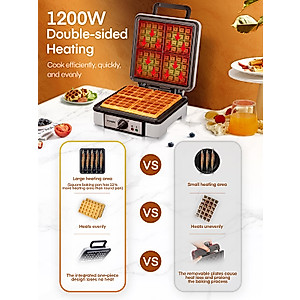 FOHERE Belgian Waffle Maker 4 Slices, 1200W Square Waffle Iron, 5 Browning Levels, Nonstick Plates, Cool-touch Handle, Anti-scald, Anti-overflow, Indicator Lights, Recipe, White