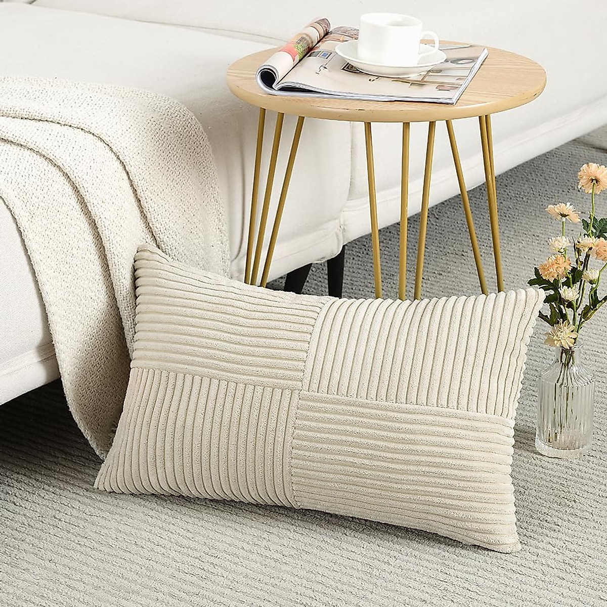 Fancy Homi Tan Lumbar Decorative Throw Pillow Covers 12x20 Inch for Living Room Couch Bed Sofa, Boho Home Decor, Soft Striped Corduroy Rectangle Accent Beige Cushion Case 30x50 cm