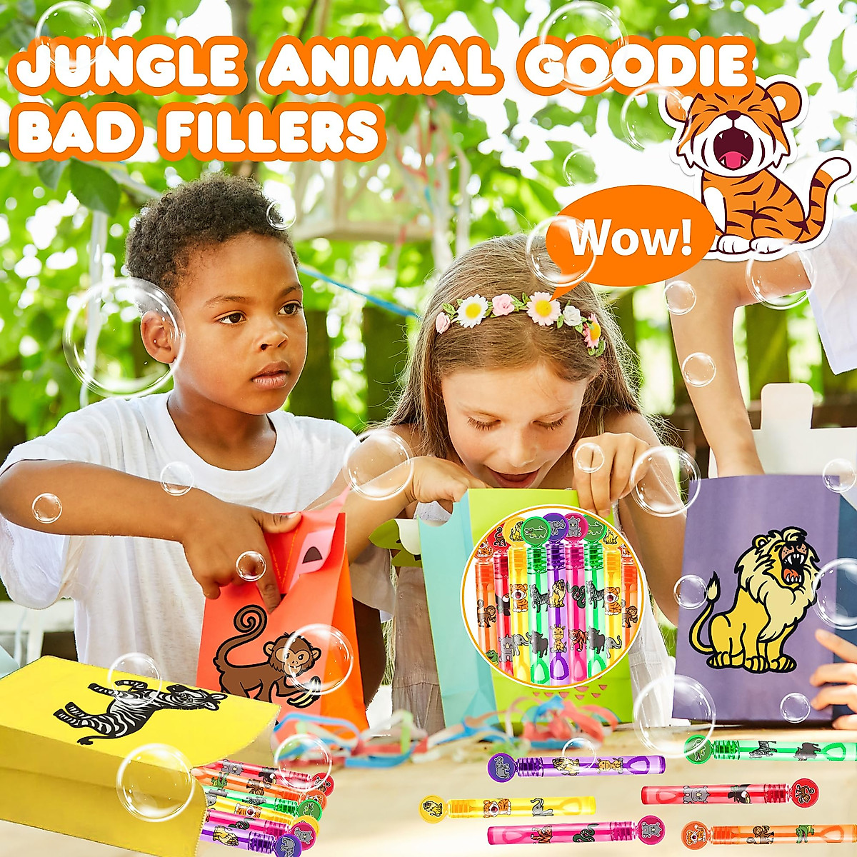 24PCS Jungle Safari DIY Bubble Wands Party Favors 96PCS Stickers for Goodie Bag Fillers Pinata Stuffers Mini Bubble Bulk Zoo Birthday Party Supplies Toys Gifts Class Prizes Toddlers Boys Girls