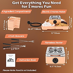 ARNVCS Indoor Smore Maker Electric, S'mores Maker Tabletop Indoor, Marshmallow Roaster Table Top with Flamesless Heater & 4 Serving Trays & 4 Skewers for Chocolate, Family Kids Fun-Peach Color