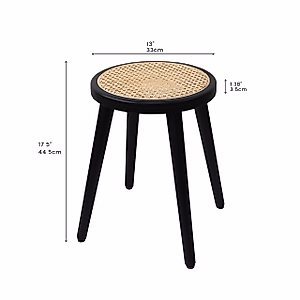 [PJ Collection] Natural Rattan Stool, Handcrafted Wood, Lightweight, Hand-Woven, No Tool Assembly (Round, Black)