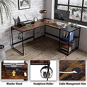 L-Shaped Desk for Home Office | Nost Host Corner Desks with Adjustable Side Shelf | Monitor Stand Headphone Hook Included Convertible Table | Modern-Style Industrial Desk | 94.5L