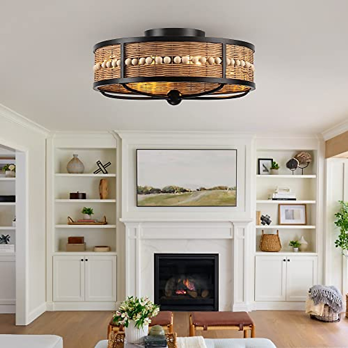 EKIZNSN Boho Caged Ceiling Fan with Light, 20 Inch Modern Boho Bladeless Ceiling Fan, Low Profile Flush Mount Ceiling Fans with Lights for Bedroom (5 E26 Bulbs Included)